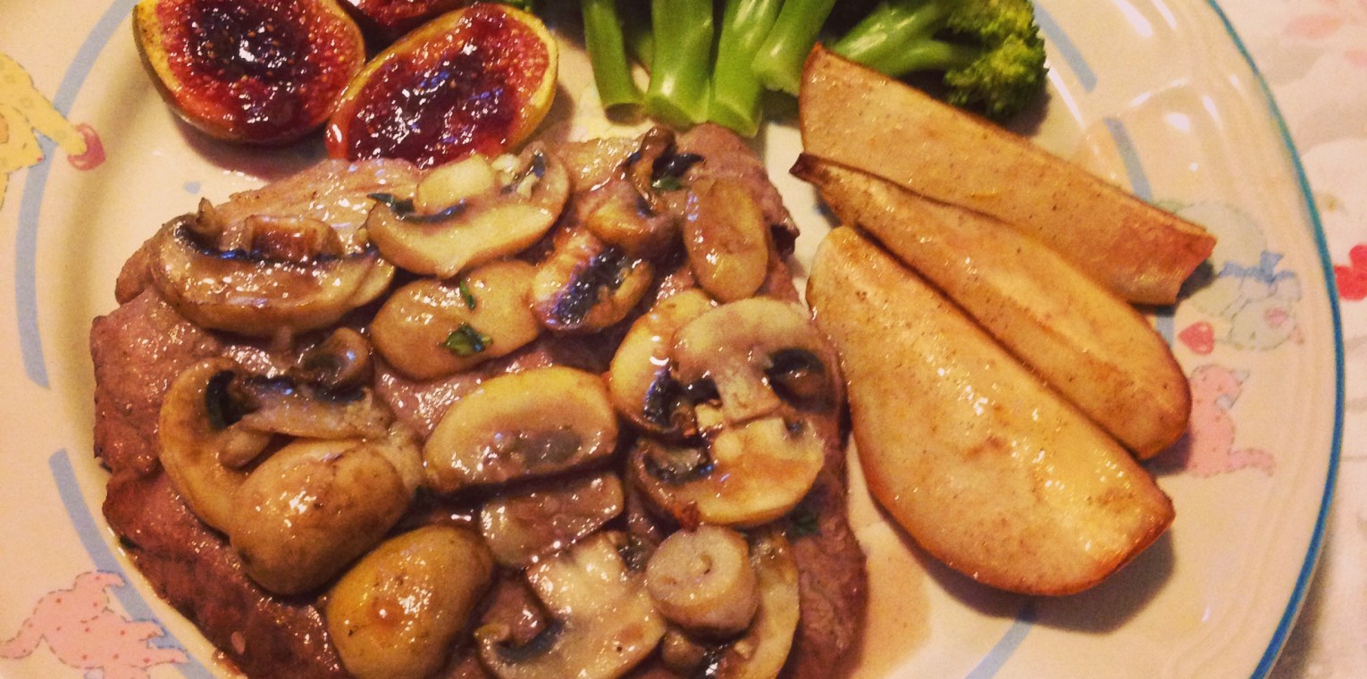 Rump steak with mushroom sauce, broccoli, poached whiskey pears & baked ...