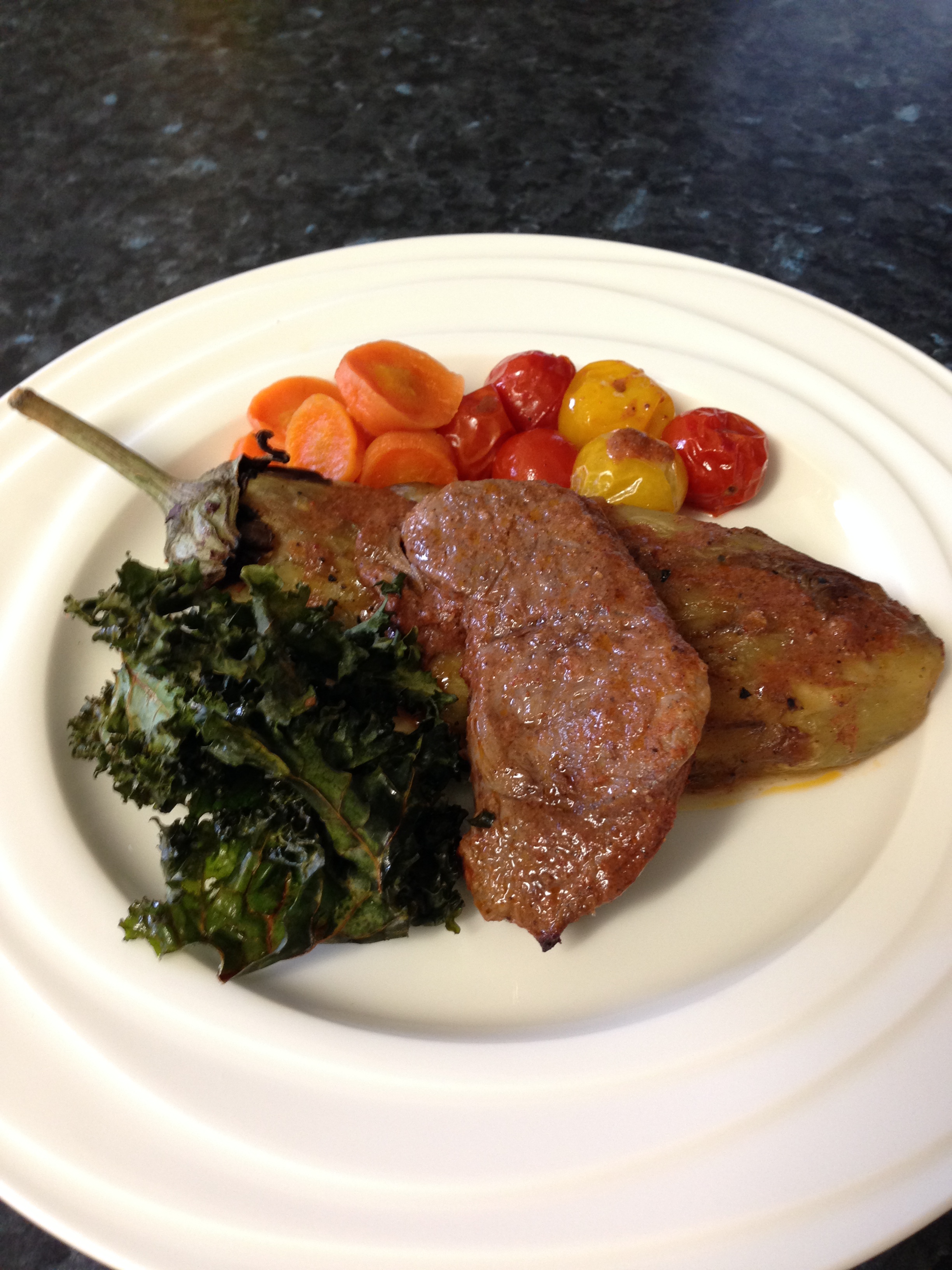 Middle Eastern lamb leg steak, charred eggplant, kale chips with ...