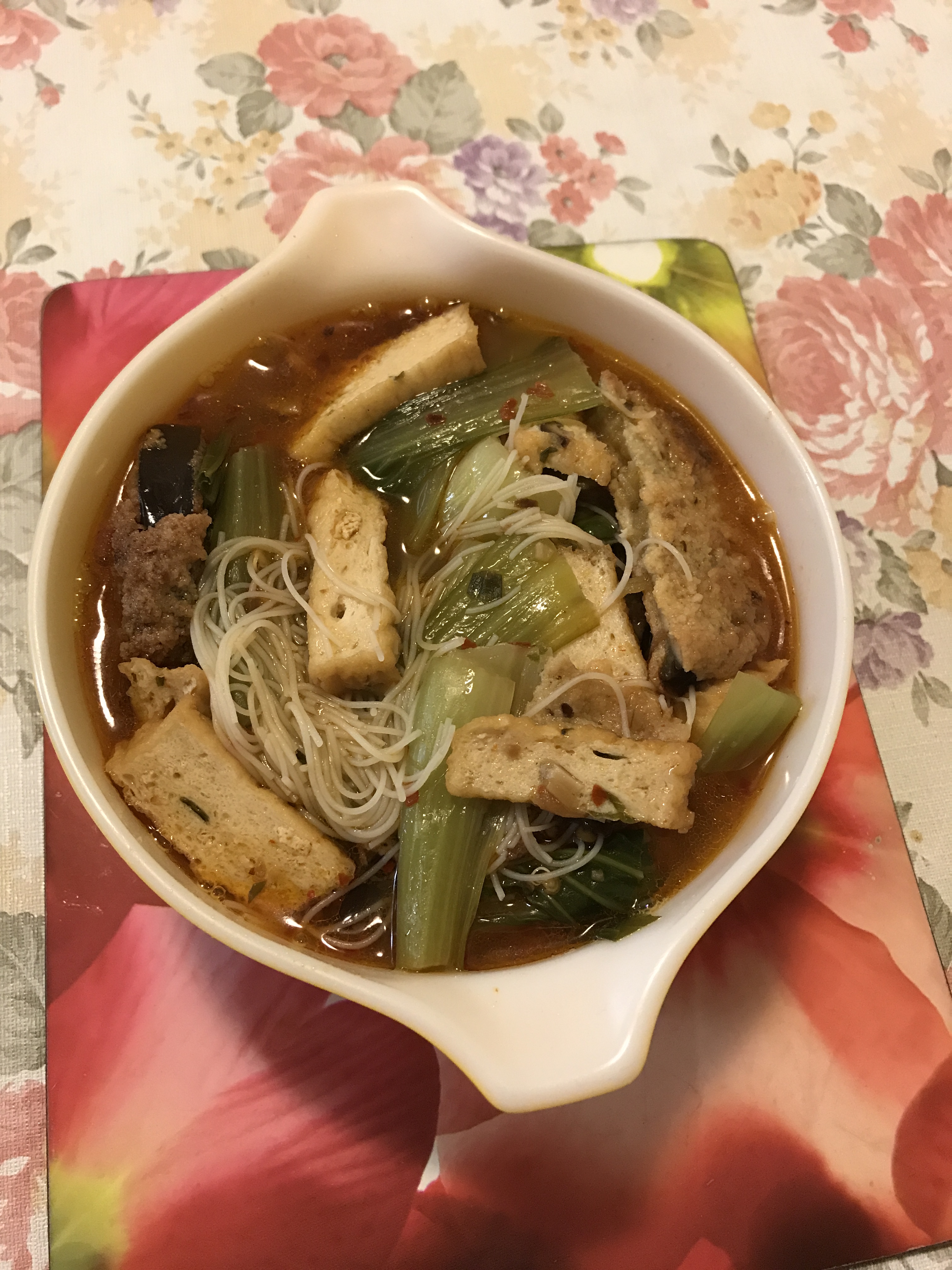 Peh Pah tofu fish cake, eggplant panko, bok choy, bee hoon noodle soup ...