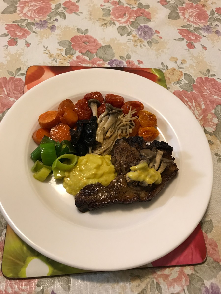 Roasted lamb and vegetables served in avocado bellino tomatoes yoghurt ...