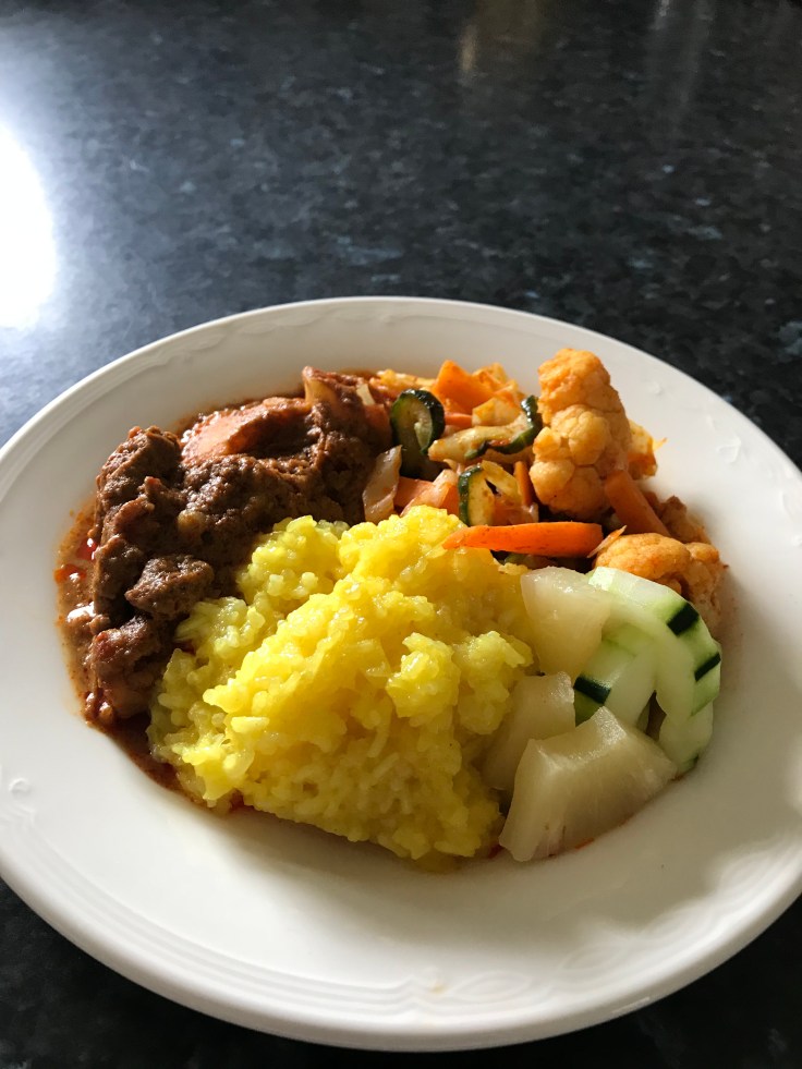 Beef rendang, nasi kunyit, achar and salad – helenscchin's Blog