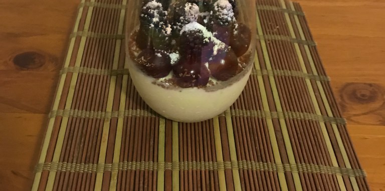 Cabbage leek potato panna cotta with cherries raspberries chocolate and ...
