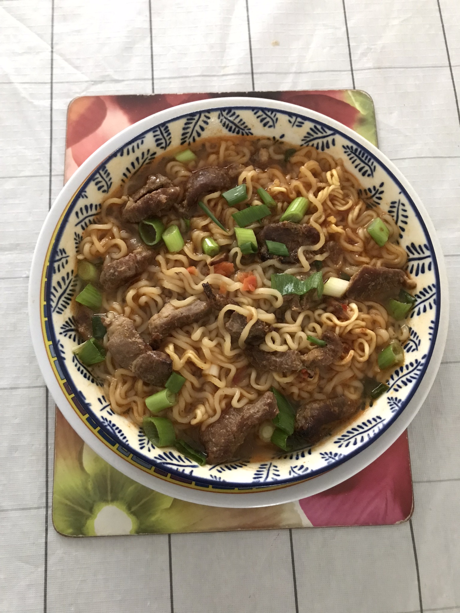 Shin ram yun noodles with grilled lemongrass pork and spring onion ...