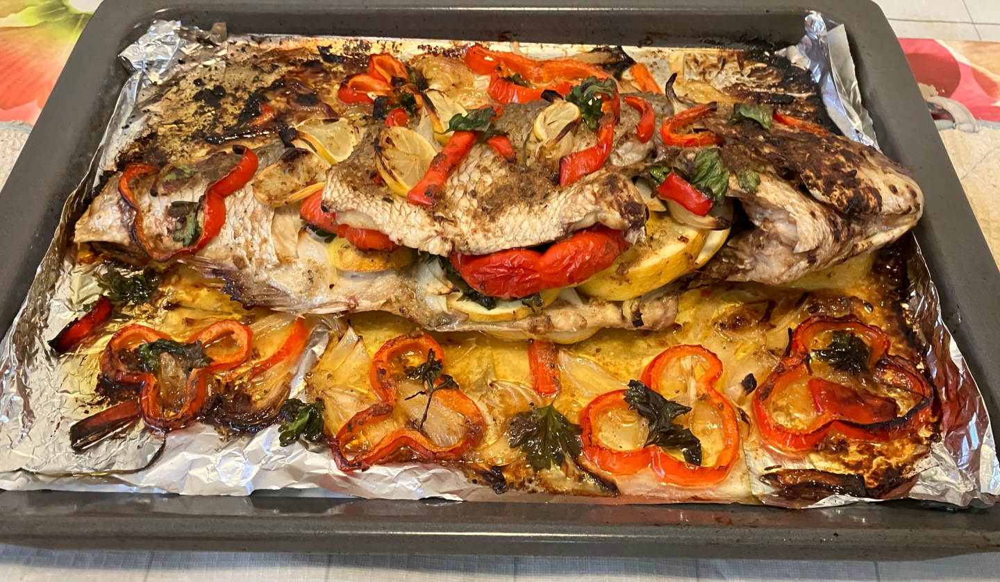 Baked snapper capsicum onion with Mediterranean butter sauce ...