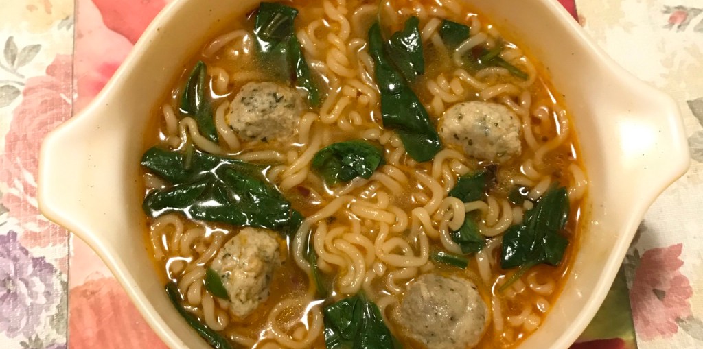 Shin ram yun chicken meatballs and vegetables noodles soup ...