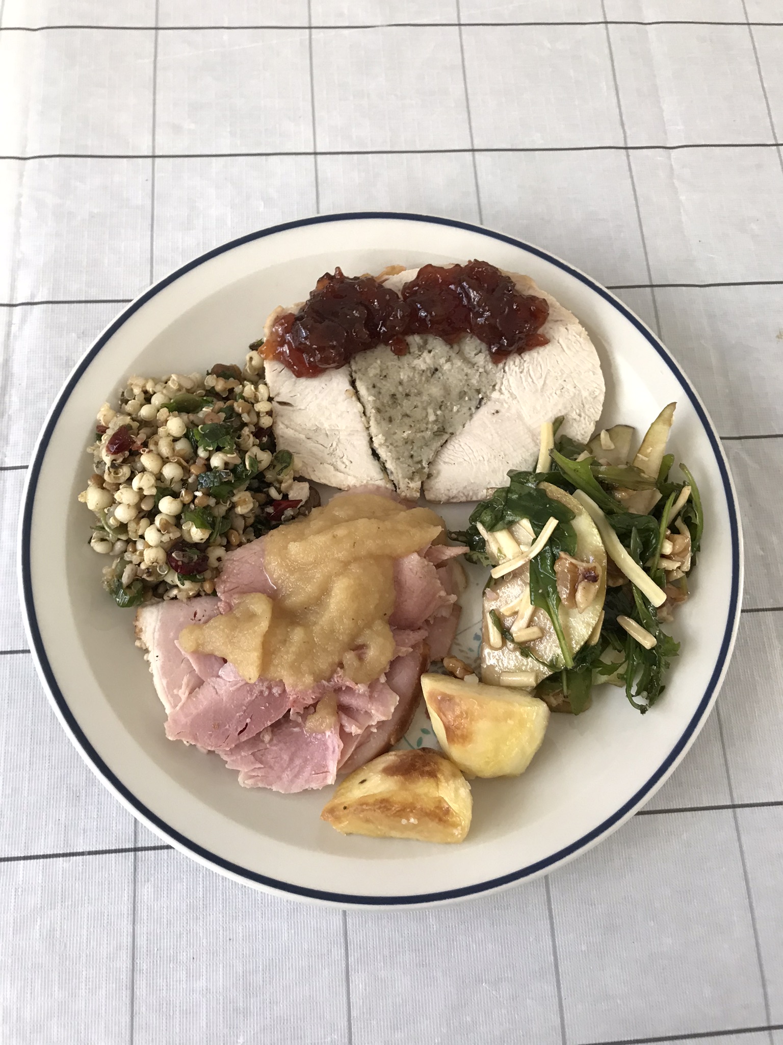 Stuffed turkey rolled, ham, salads, and potatoes – helenscchin's Blog
